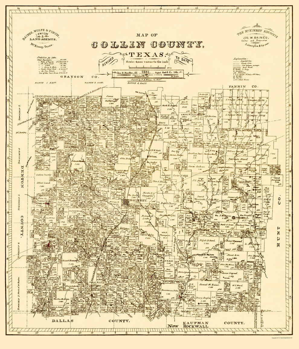 Historic County Map - Collin County Texas - Gast 1881 - Vintage Wall A ...