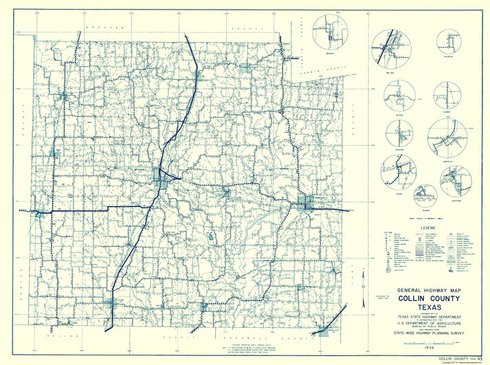Historic County Map - Collin County Texas - Highway Department 1936 ...
