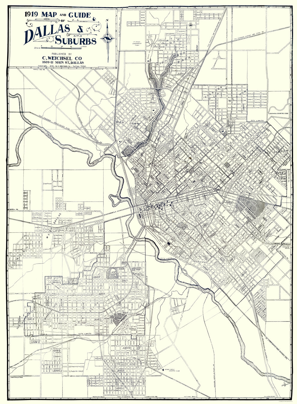 Historic City Map - Dallas Suburbs Texas - Weichsel 1919 - Vintage Wal ...