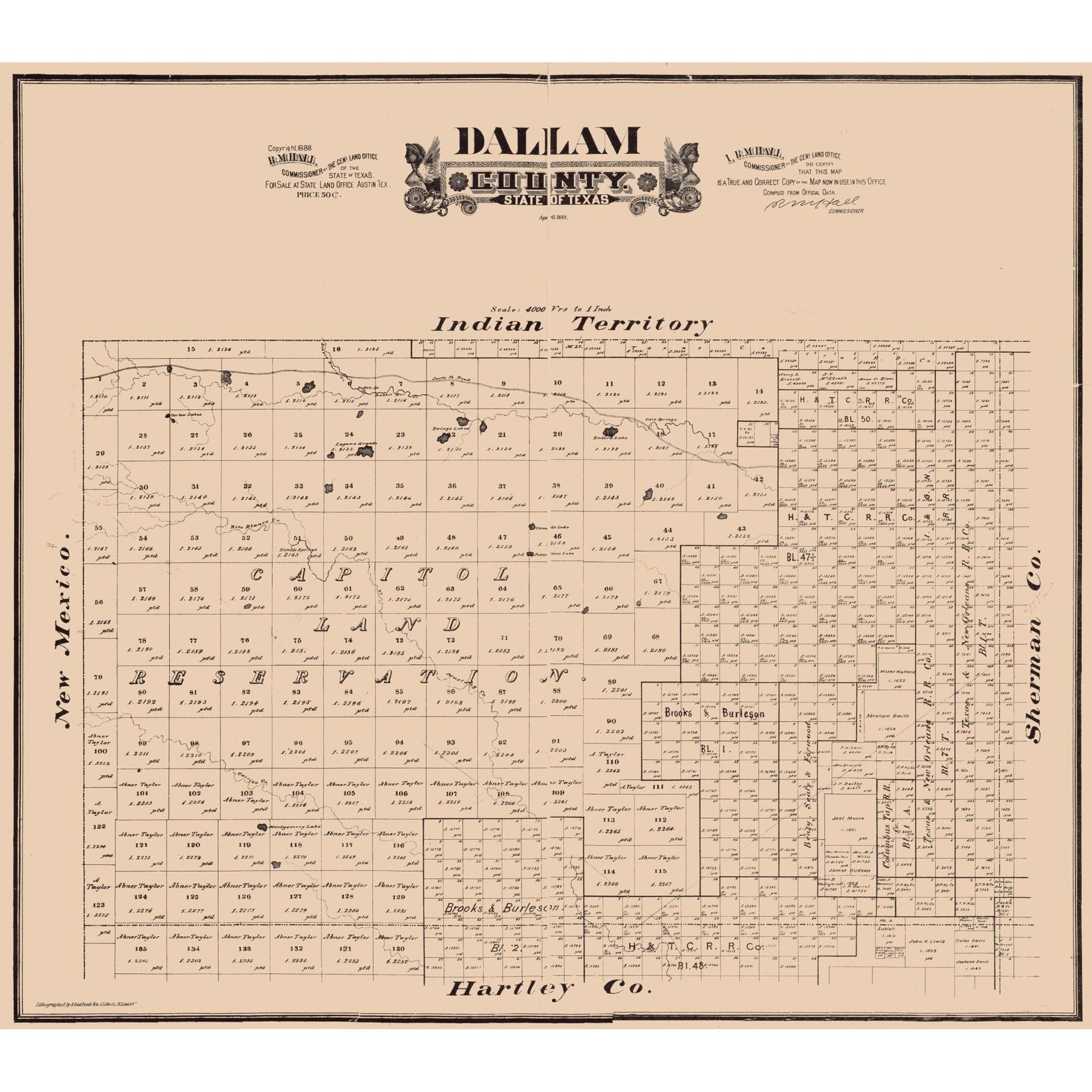 Historic County Map - Dallam County Texas - Hall 1888 - Vintage Wall A ...