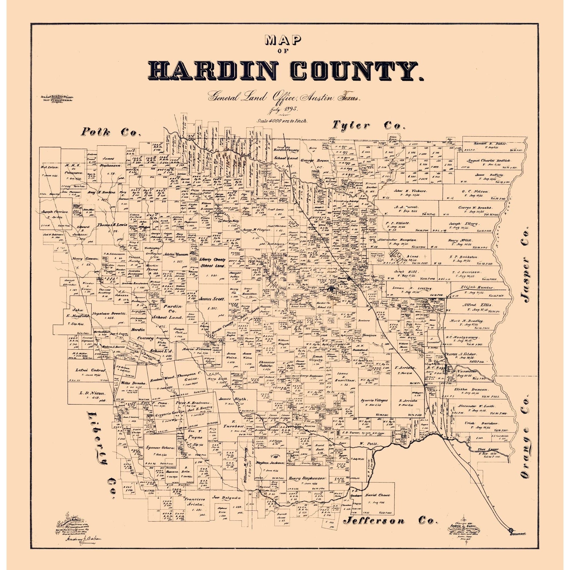 Historic County Map - Hardin County Texas - Baker 1895 - 23 x 23.54 ...