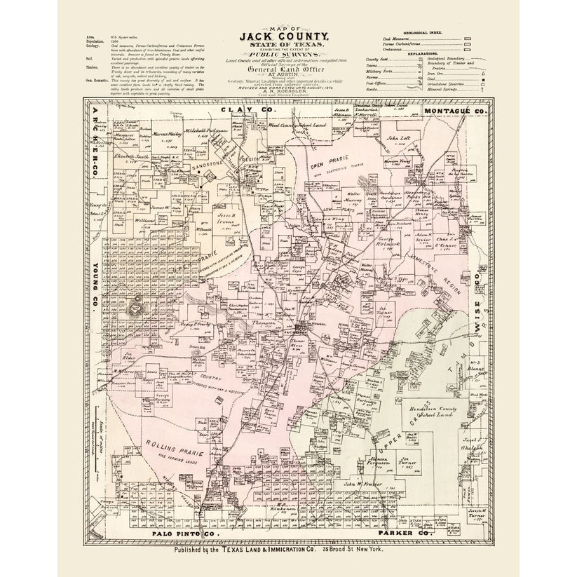 Historic County Map - Jack County Texas - Roessler 1876 - Vintage Wall ...