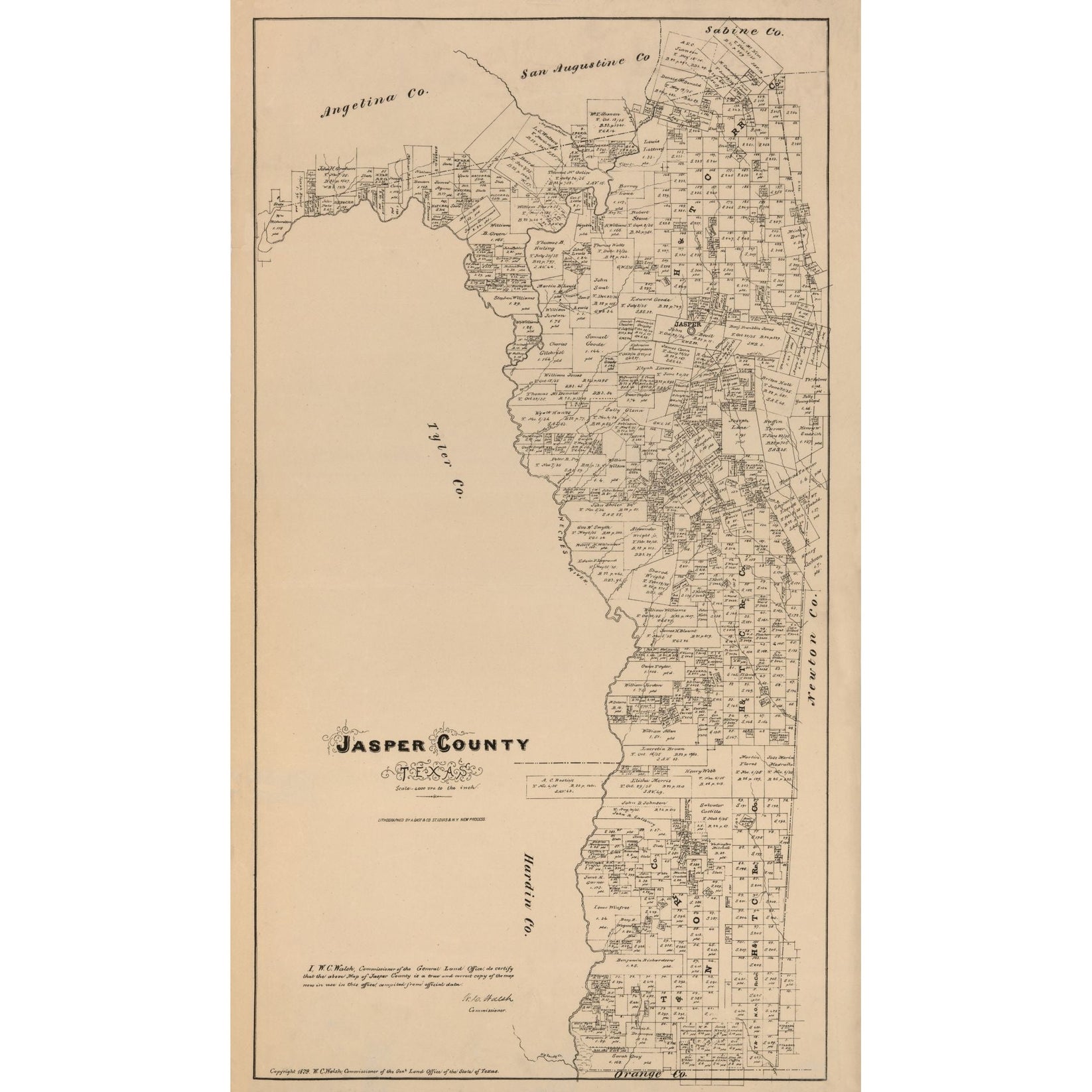 Historic County Map - Jasper County Texas - Walsh 1879 - Vintage Wall ...