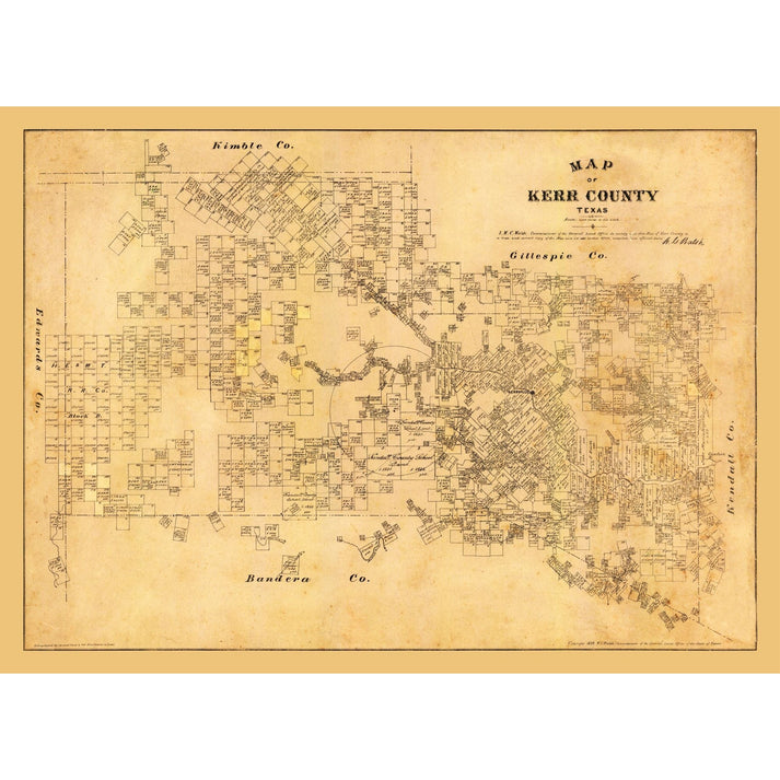 Historic County Map - Kerr County Texas - Walsh 1879 - Vintage Wall Ar ...