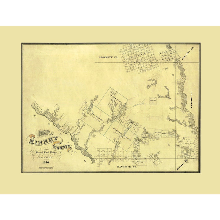 Historic County Map - Kinney County Texas - Blau 1876 - Vintage Wall A ...