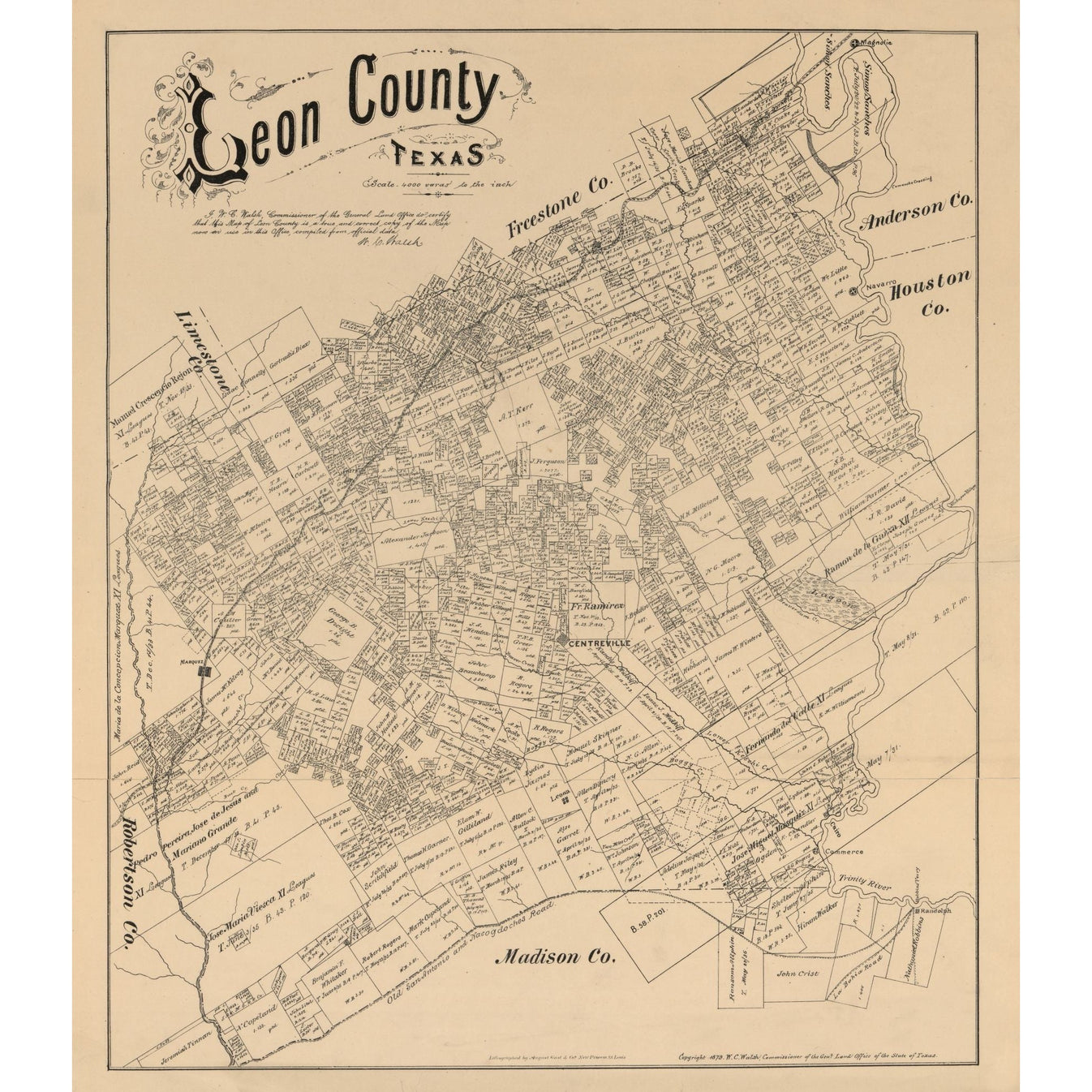Historic County Map - Leon County Texas - Walsh 1879 - Vintage Wall Ar ...