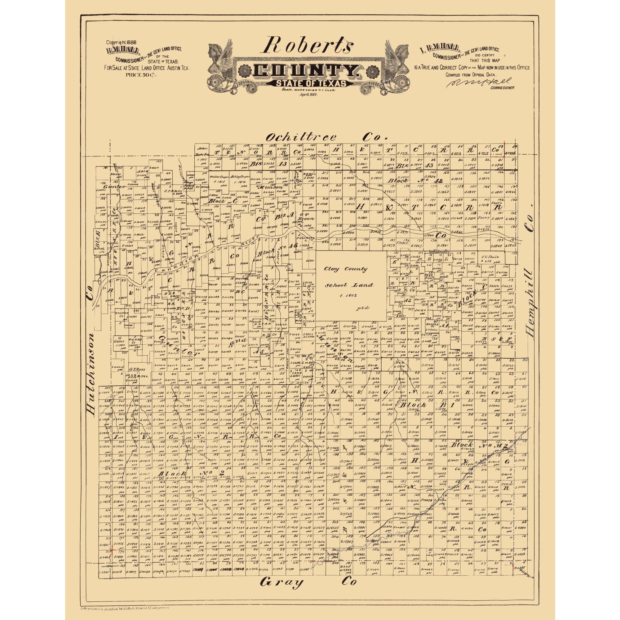 Historic County Map - Roberts County Texas - Hall 1888 - 23 x 29.09 ...