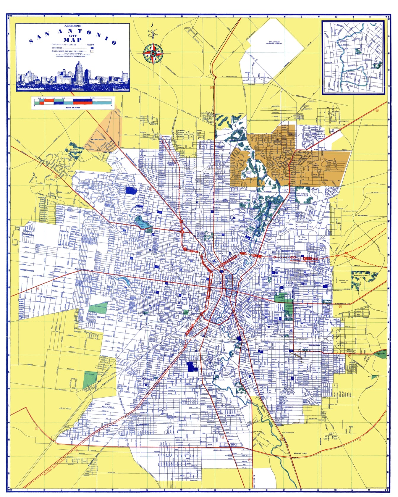 Historic City Map - San Antonio Texas - Ashburn 1950 - Vintage Wall Ar ...