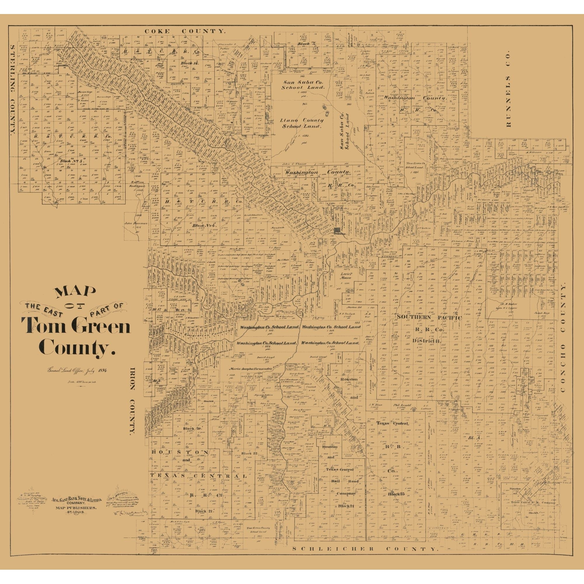 Historic County Map - Tom Green County East Texas - McGaughey 1894 - 2 ...
