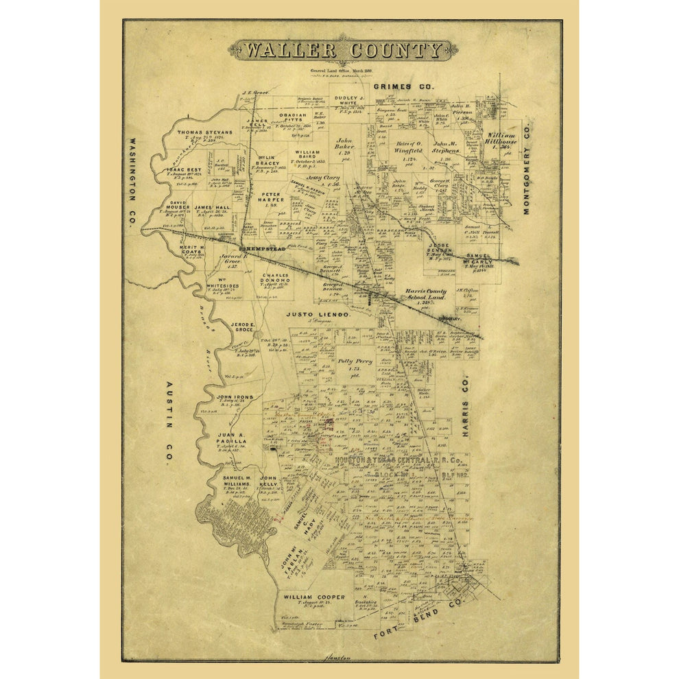 Historic County Map - Waller County Texas - Blau 1880 - Vintage Wall A ...