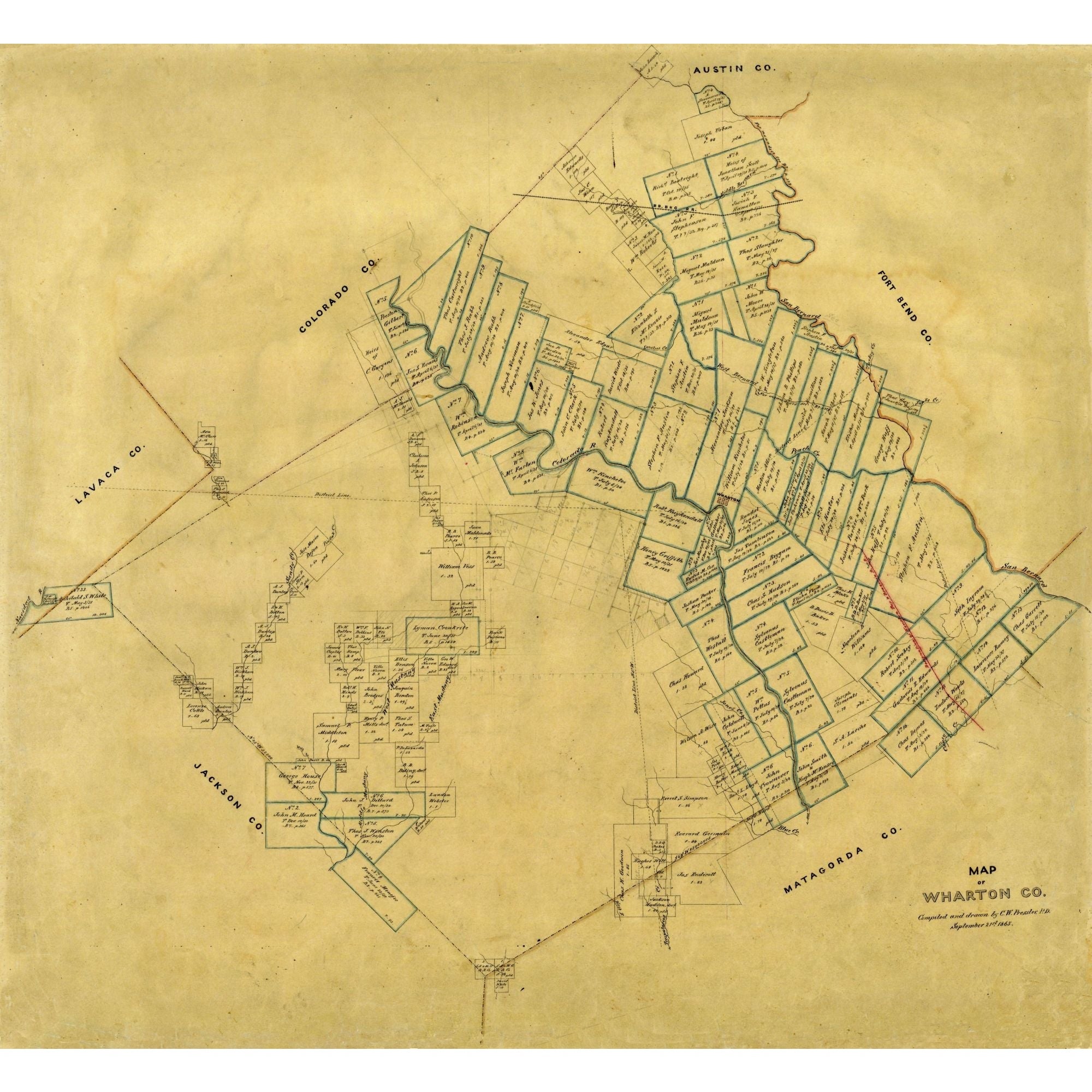 Historic County Map - Wharton County Texas - Pressler 1865 - 24.99 x 2 ...