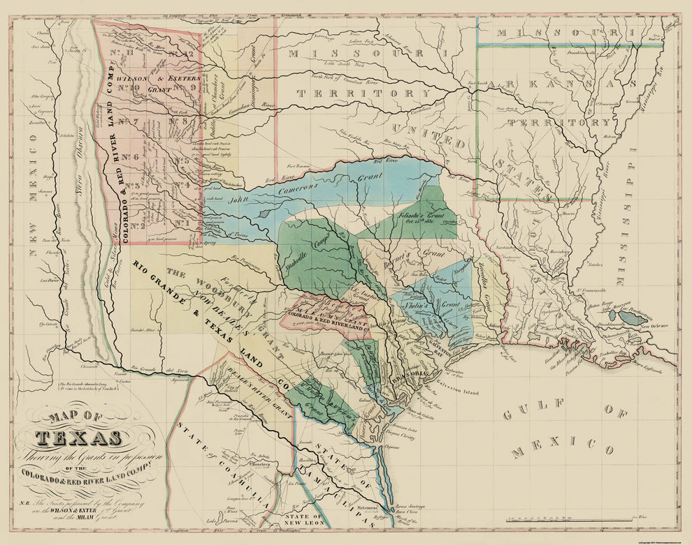 Historic State Map - Texas Colorado Red River Land Grants 1821 - Vinta ...