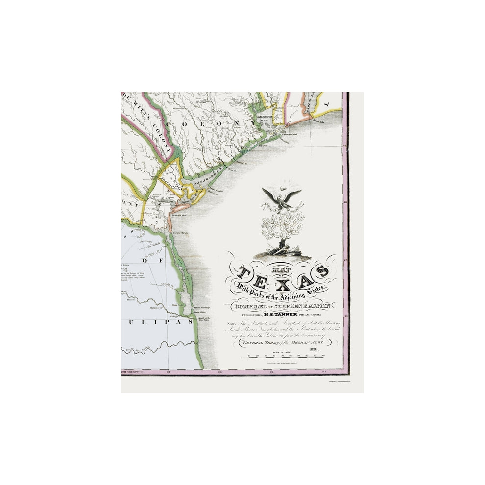 Historic State Map - Texas Settlement Grants - Tanner 1836 - Vintage W ...