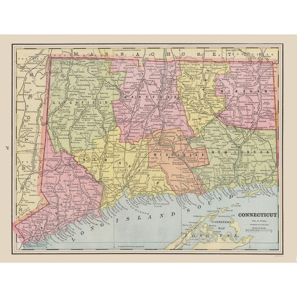 Historic State Map - Connecticut - Cram 1892 - Vintage Wall Art – Maps ...