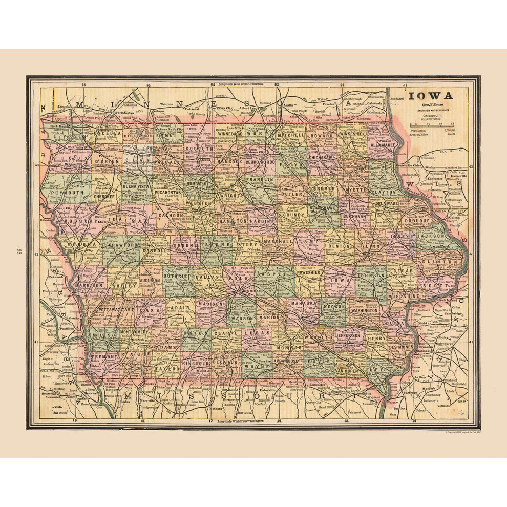 Historic State Map - Iowa - Cram 1888 - Vintage Wall Art – Maps of the Past