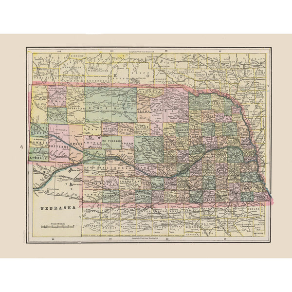 Historic State Map - Nebraska - Cram 1892 - Vintage Wall Art – Maps of ...