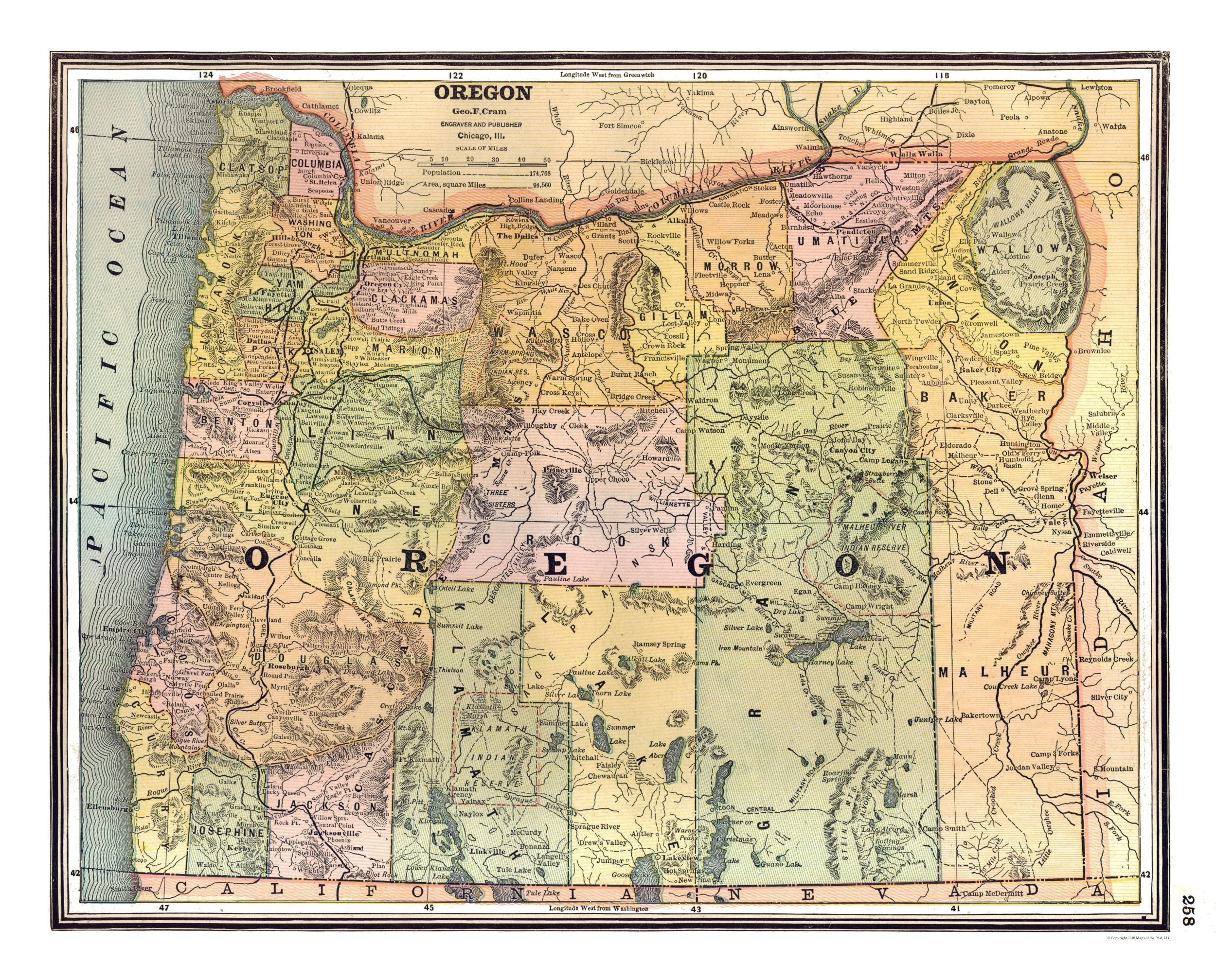 Historic State Map - Oregon - Johnson 1888 - 28.52 x 23 - Vintage Wall ...