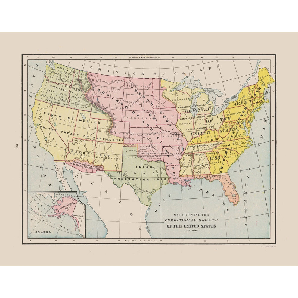 Historic State Map - United States Territorial Growth - Cram 1892 - Vi ...