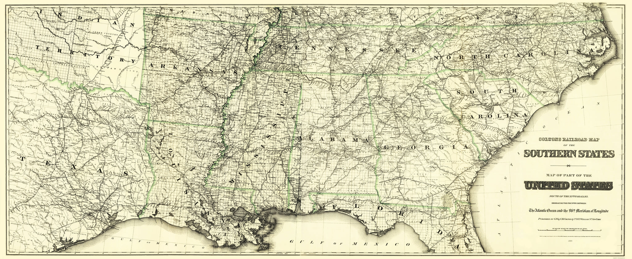 Railroad Map - United States Southern Railroads - Colton 1883 - 23 x 5 ...