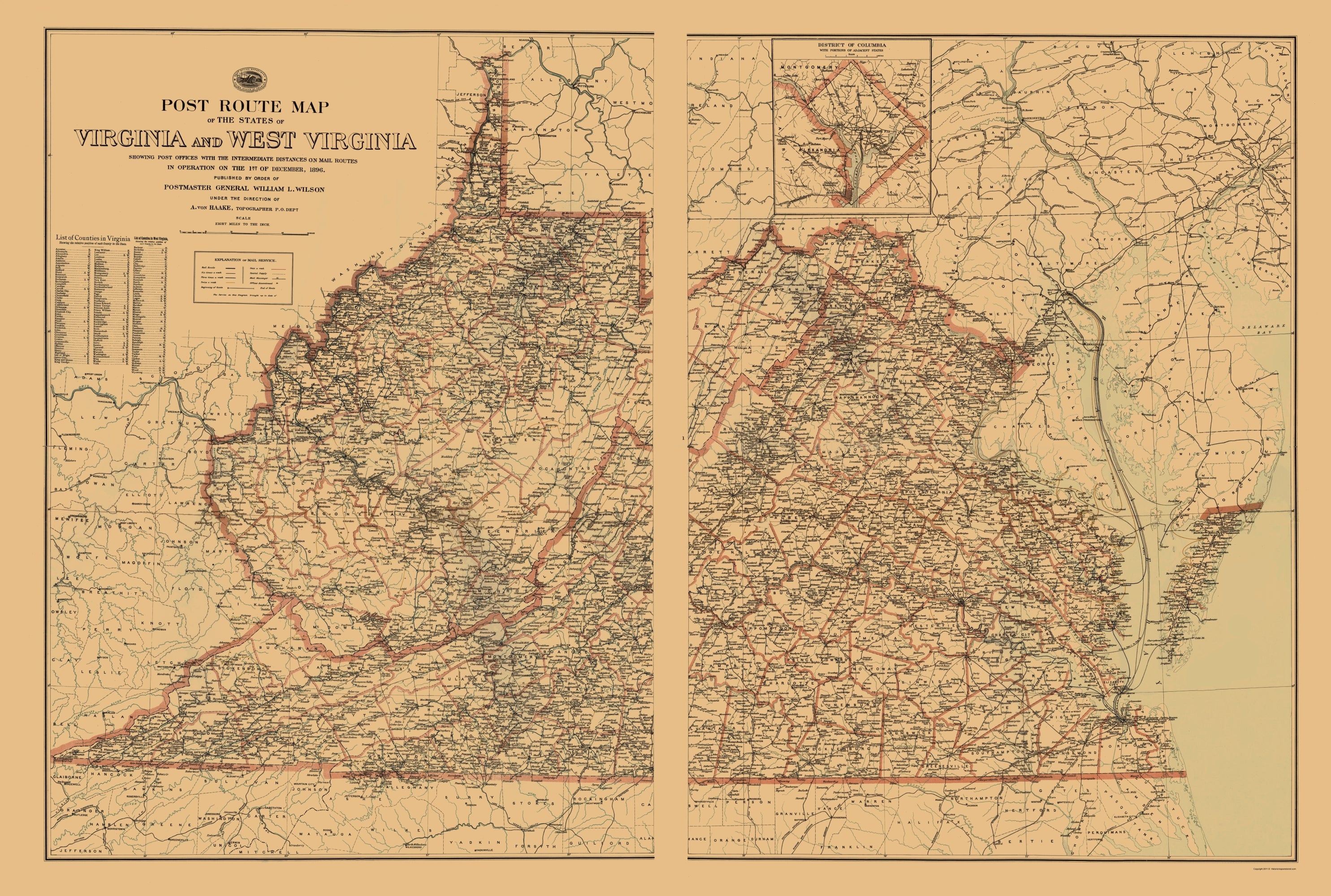 Historic State Map - Virginia West Virginia Postal Routes - USPS 1896 ...