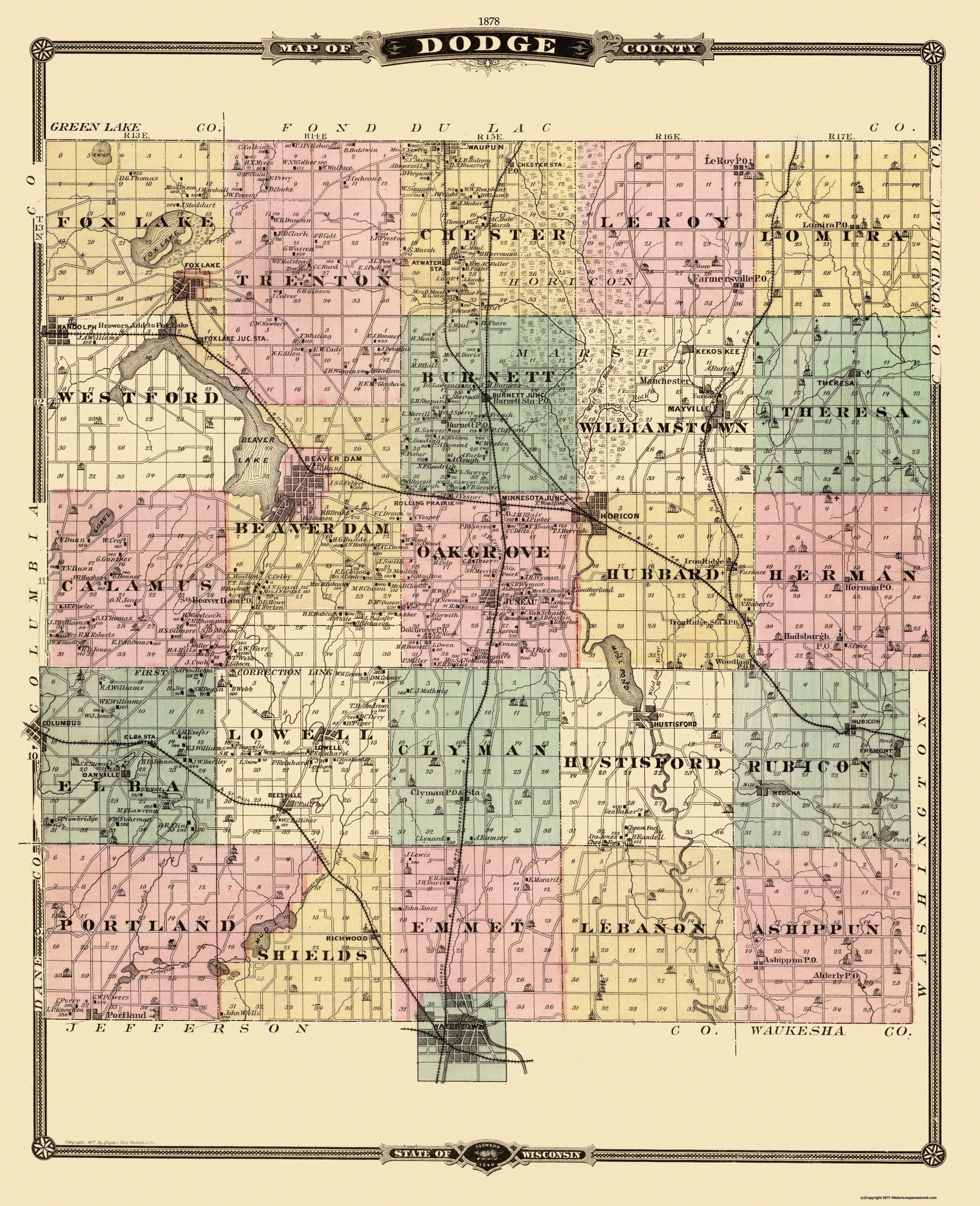 Historic County Map - Dodge County Wisconsin - Snyder 1878 - Vintage W ...