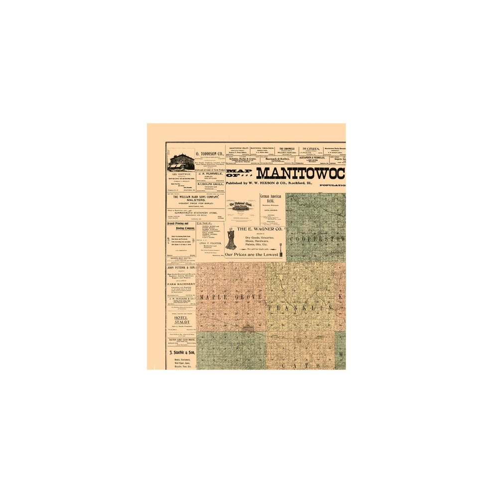 Historic County Map - Manitowoc County Wisconsin - Hixon 1902 - 23 x 2 ...