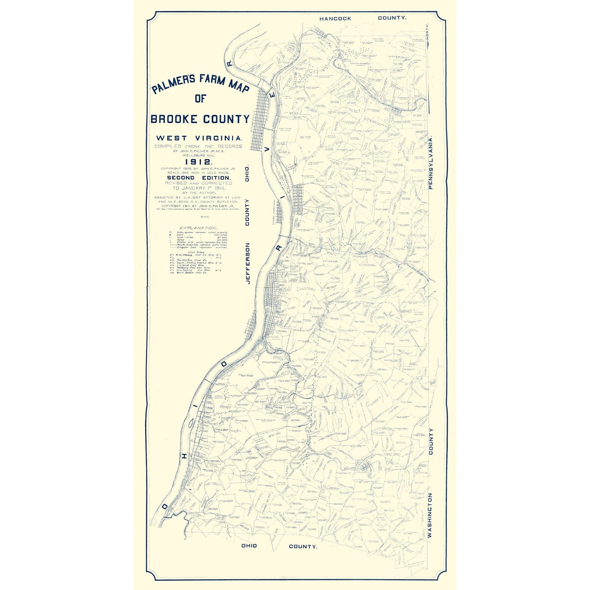 Historic County Map - Brooke County West Virginia - Palmer 1912 - 23 x ...